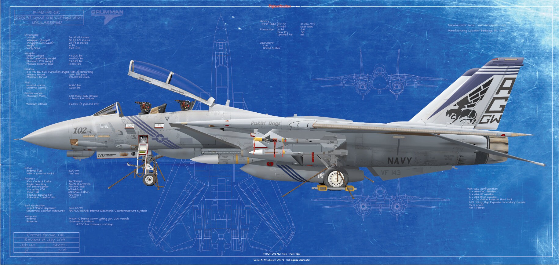 F-14B-145 GR Tomcat Fighter Squadron 143 "pukin' Dogs" Air Wing 7 USS ...