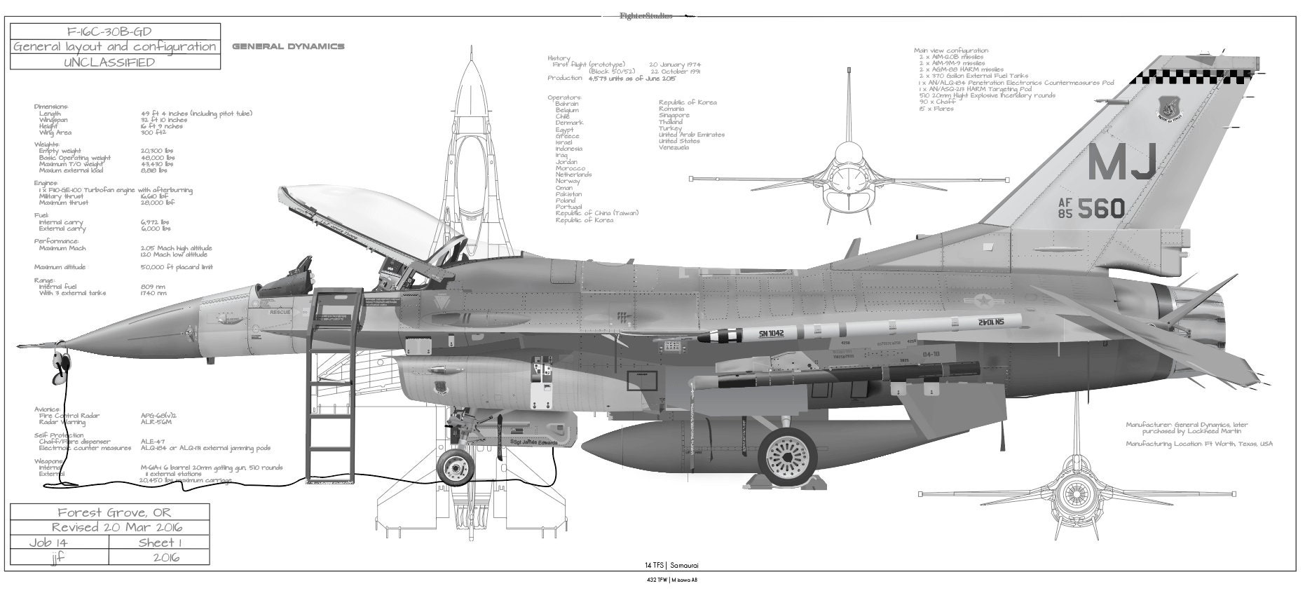 F-16C-30B-GD Fighting Falcon 14 Tactical Fighter Squadron "samurai" 432 ...