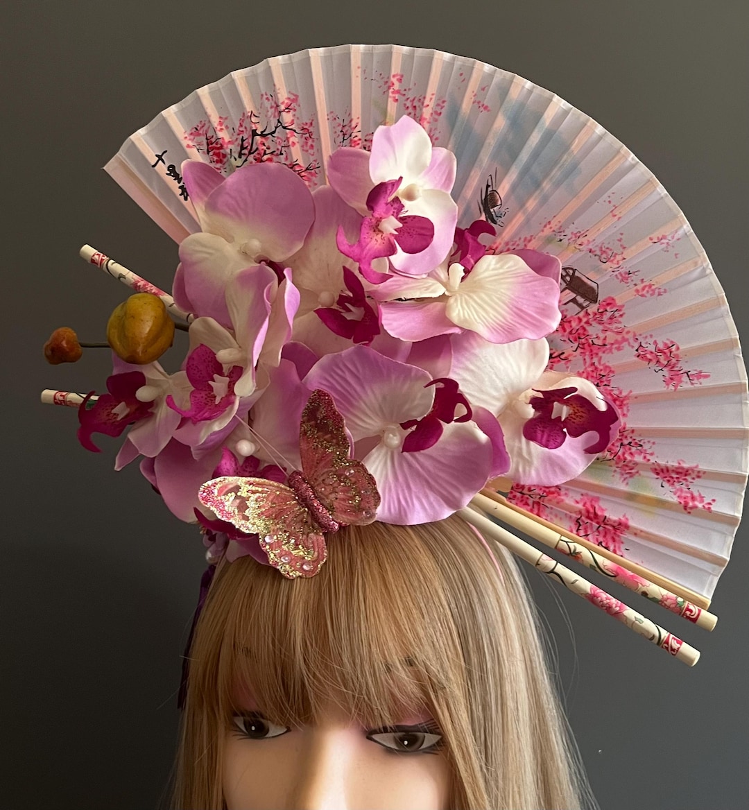 Geisha Headdress Pink Orchids, Pink Flower Headdress, Geisha Fascinator ...