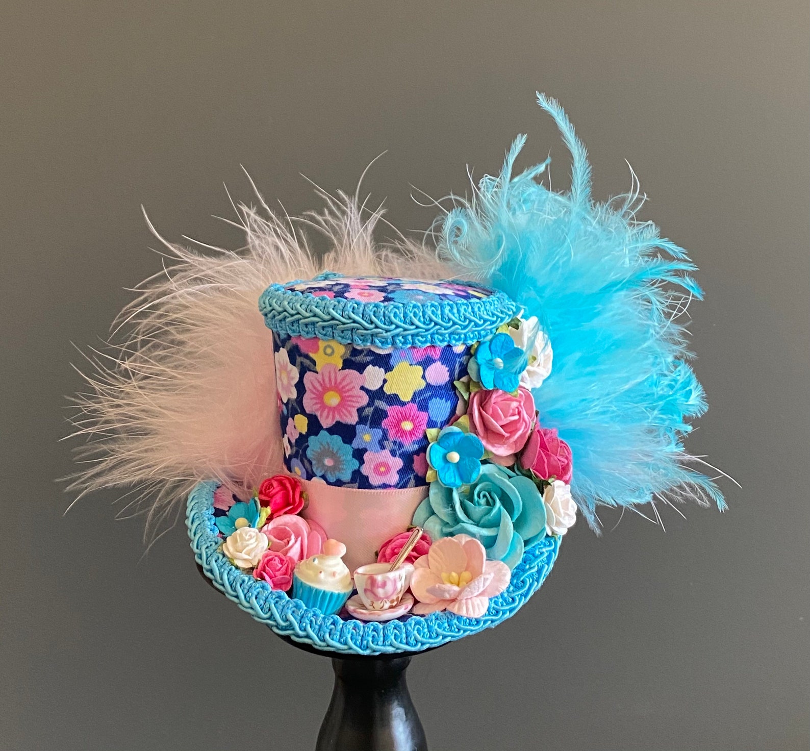 Micro Mini Top Hat teacup hat blue flower hat Alice in - Etsy France