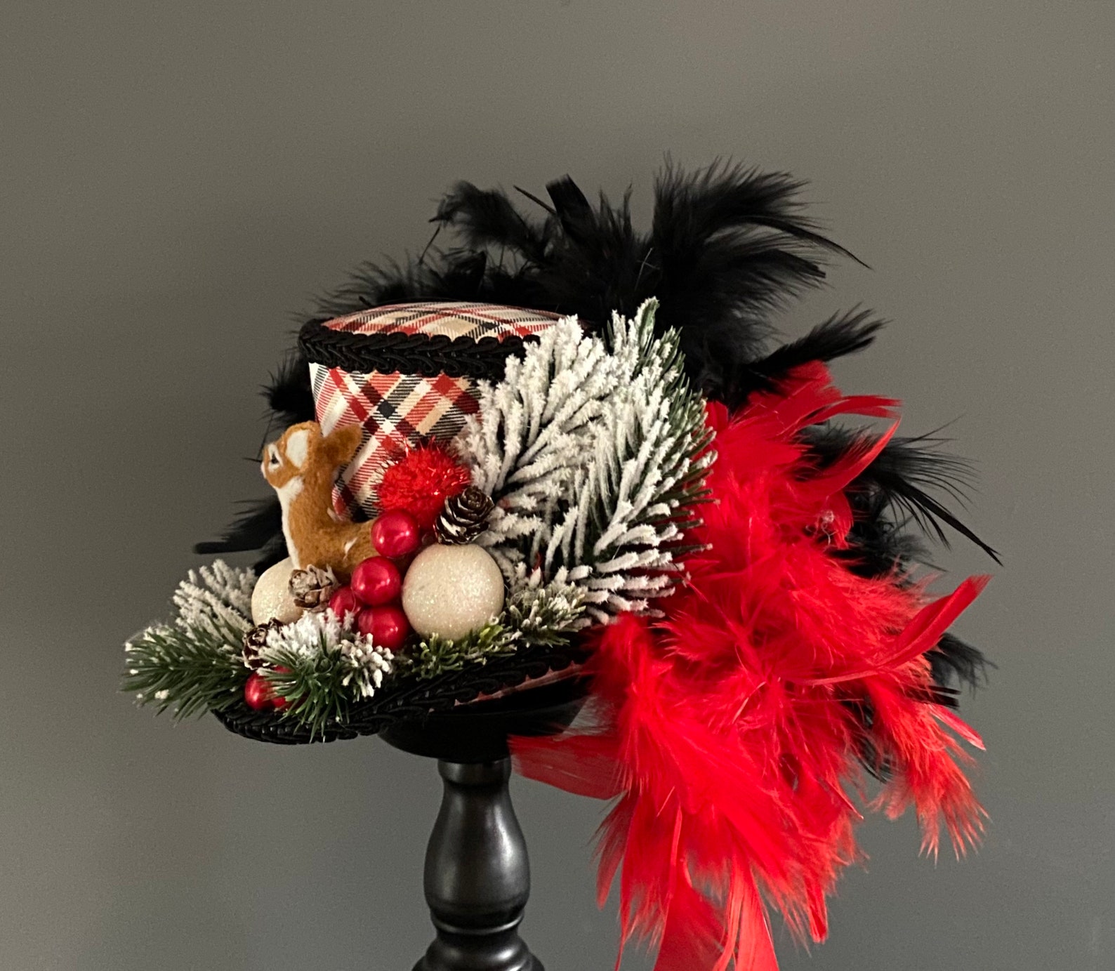 Christmas Mini Top Hat, Red and Gray Plaid Mini Top Hat, Holiday Mini ...
