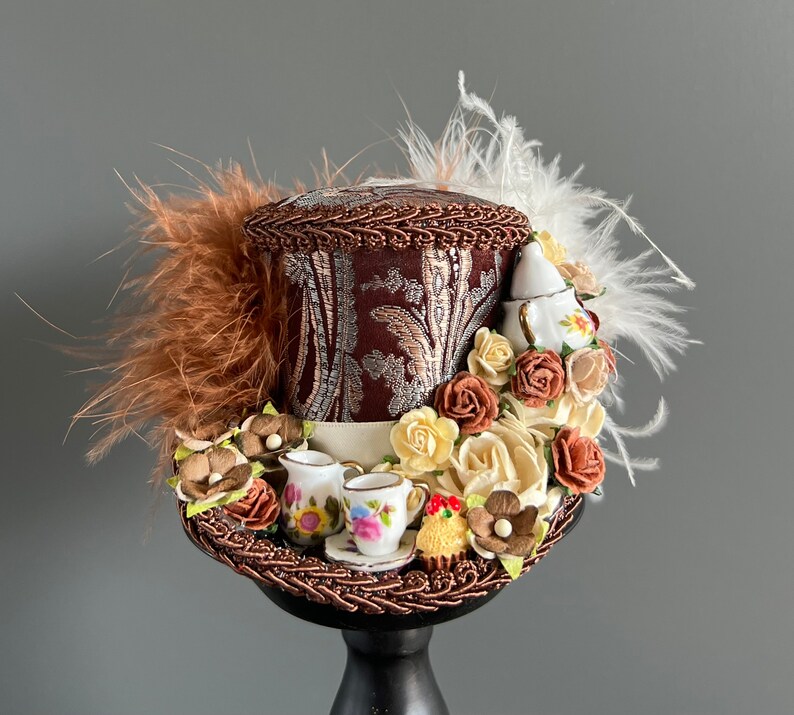 Micro Mini Top Hat Teacup Hat Brown Brocade Hat Alice in - Etsy