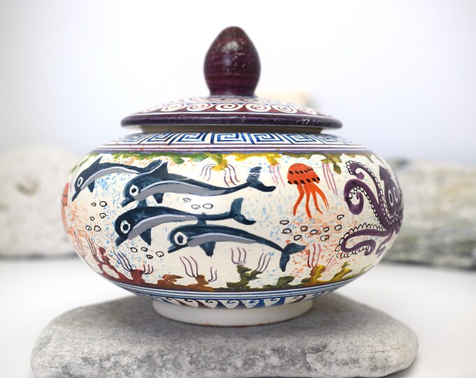 Greek Ceramic Pyxis of the Minoan Pottery Adorned With Dolphins ...