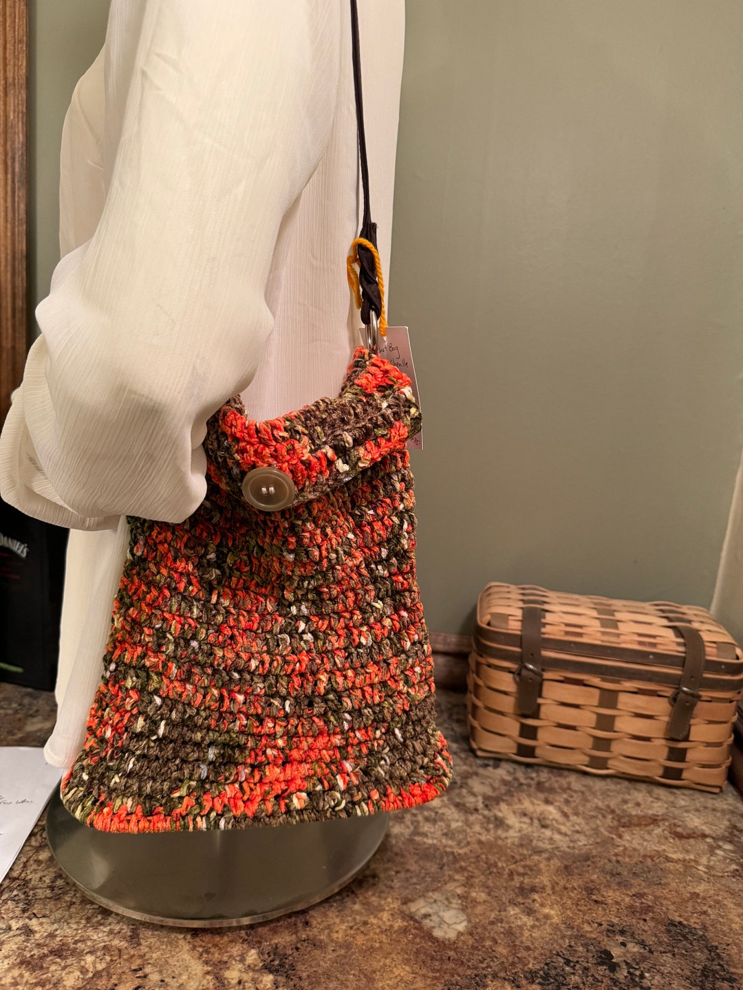 Green, Gold, Orange and Brown Chenille Crocheted Bag - Rayon Chenille ...