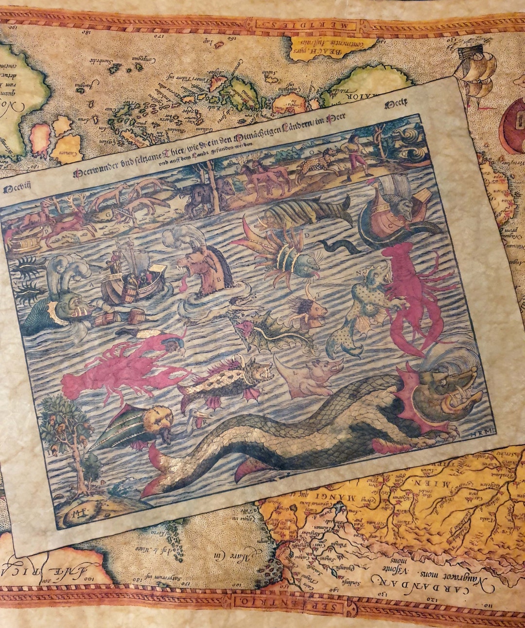 Medieval Art Replica Map of Sea Monsters, Sebastian Munster, 1545 ...