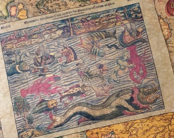 Medieval Map Monsters Poster Sea Creatures From Medieval Map - Etsy