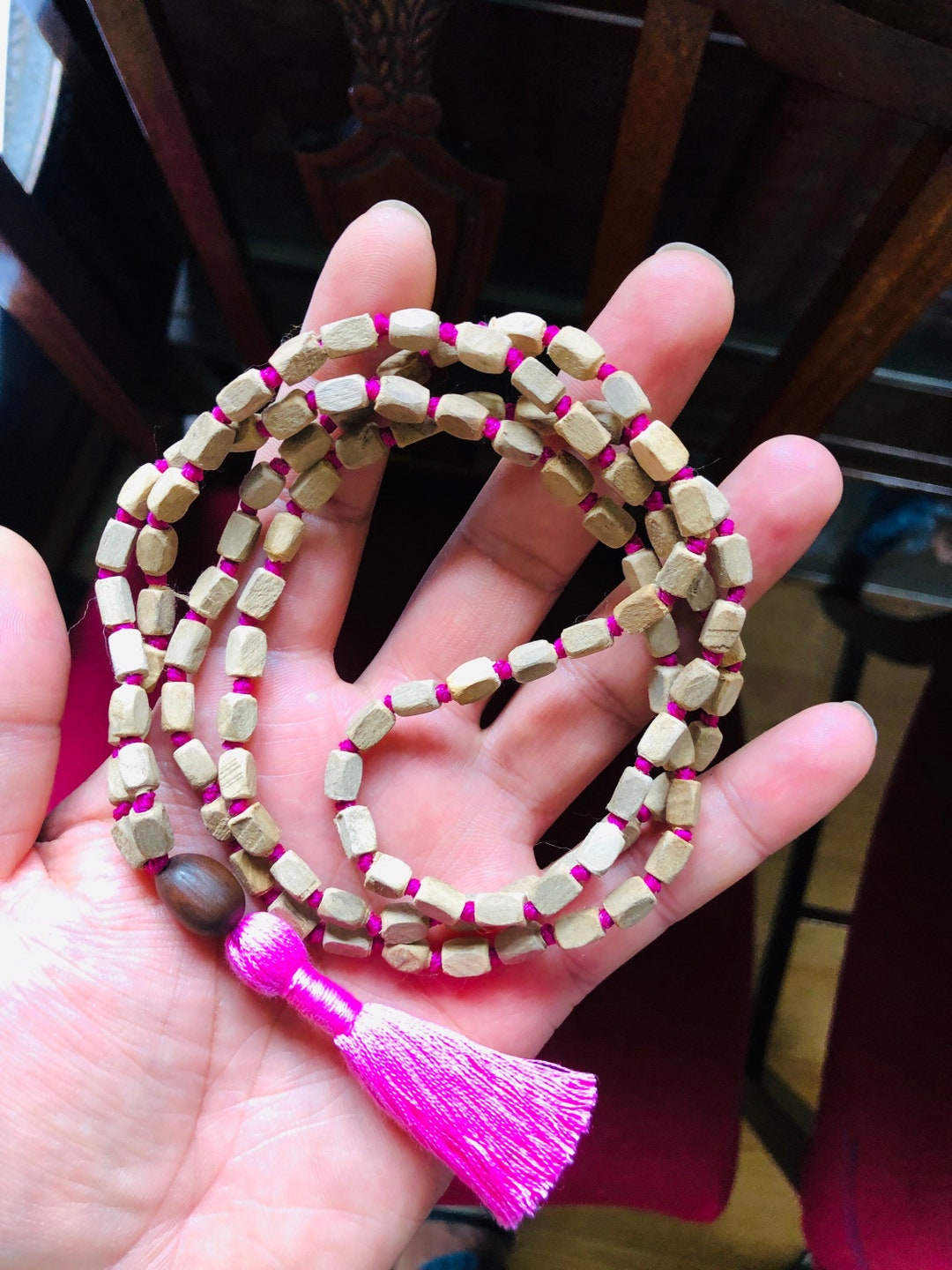 Tulsi Handmade Pink Mala Square Shape Beads Knotted Tulsi Mala Pink ...