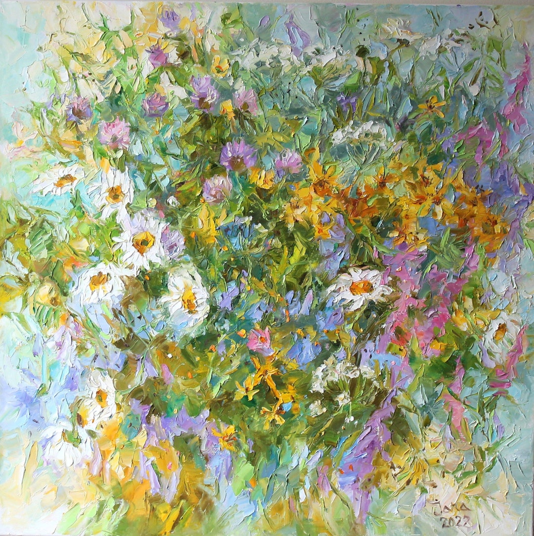 LARGE Morning Meadow Landscape Daisy, Cornflower, Lavender and Herbs ...