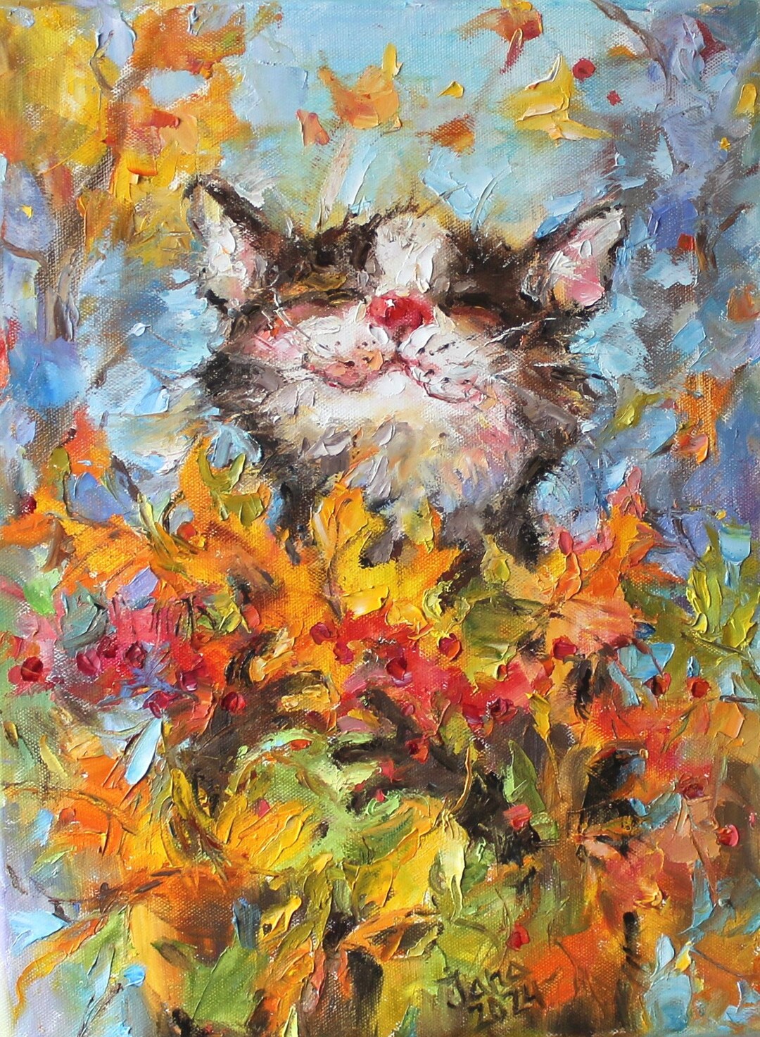 Custom Cat Portrait Happy Orange Cat With Bouquet of Autumn Leaves ...