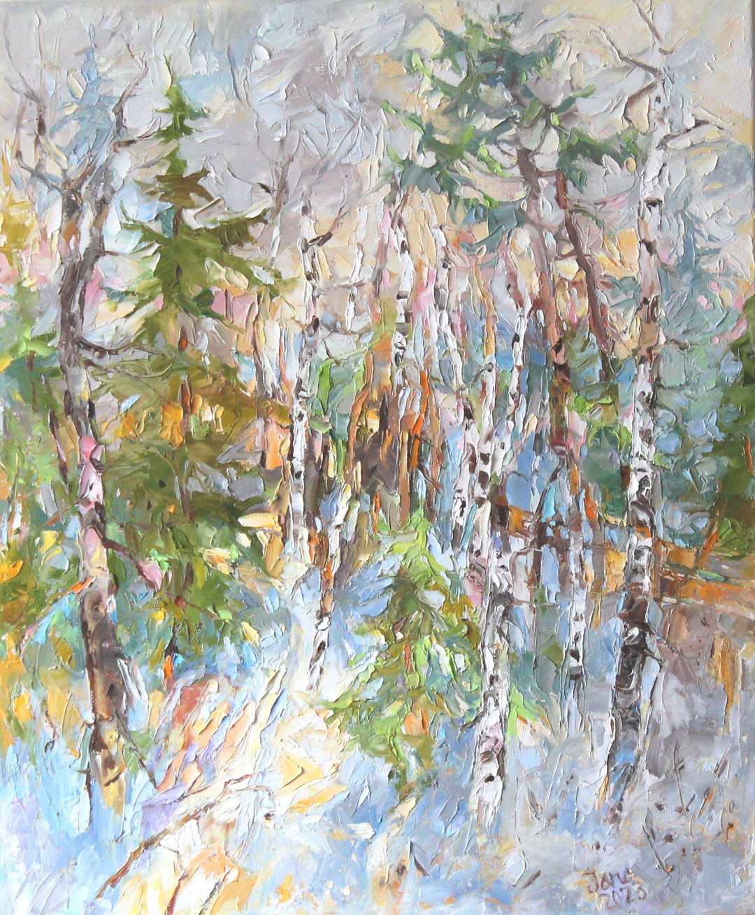 Abstract Spring Landscape With Pine and Birch Trees Original Oil ...