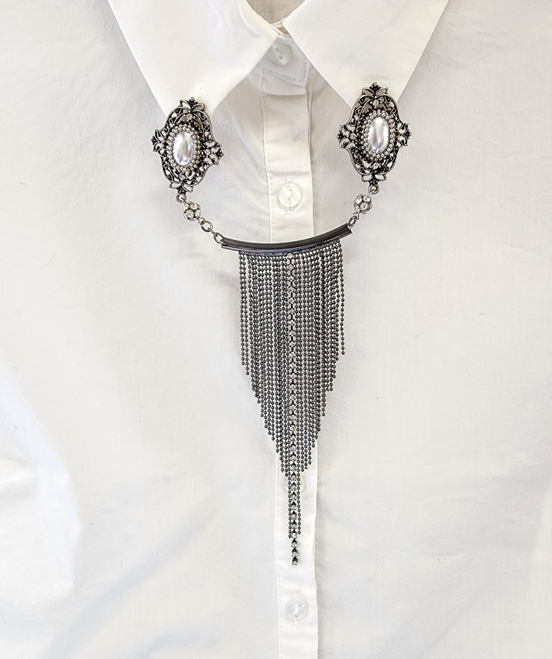 Black Filigree Collar Clip With Rhinestones, Faux Pearls, Sweater Clip ...