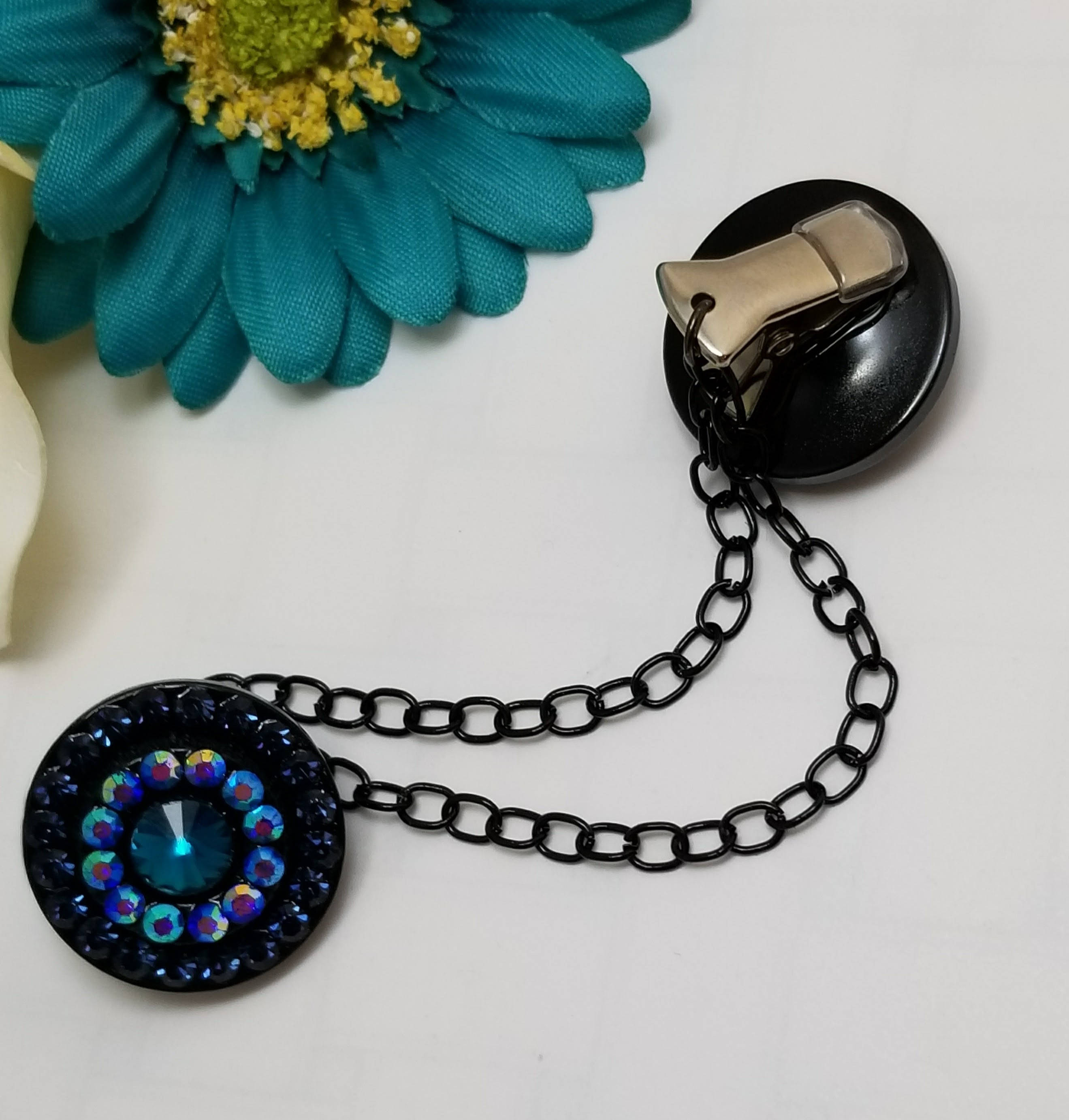 Black Round Sweater Clip with Blue Rhinestones Sweater Clip | Etsy