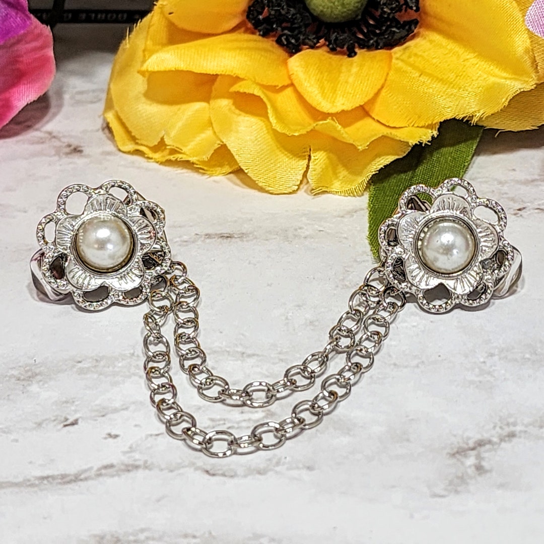 Silver Flower and Faux Pearl Sweater Clip, Cardigan Clip ,sweater ...