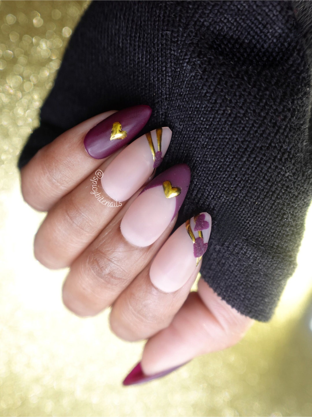 Cherry Love - Cherry Mocha Maroon and Gold Heart Chrome False Press-on ...