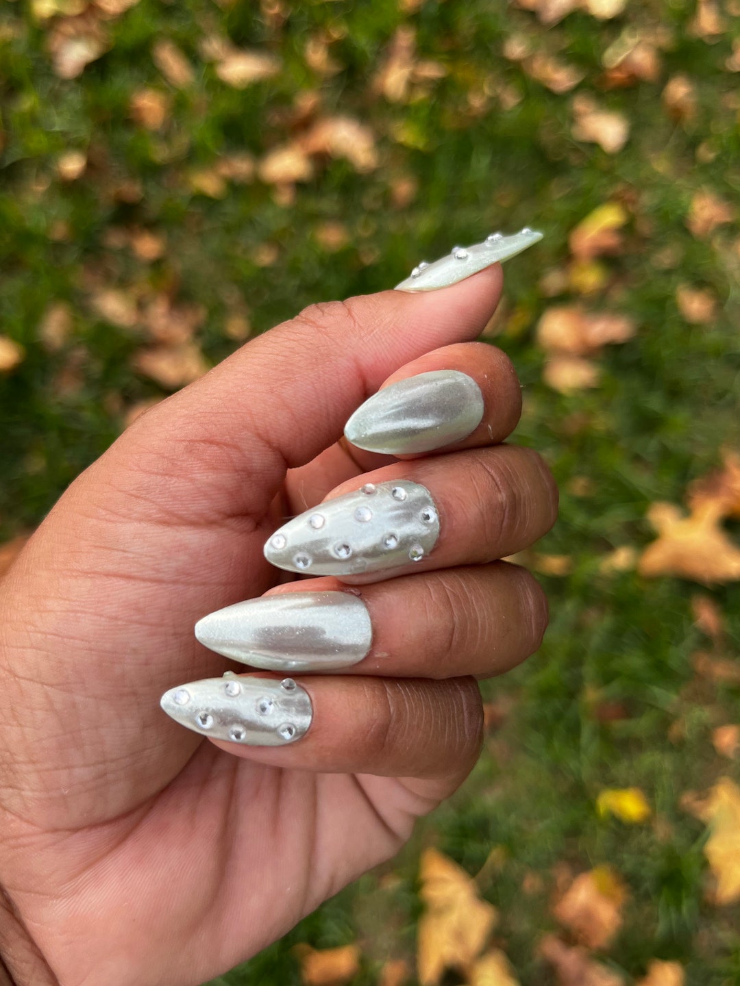 Pistachio Glazed Donut Nails - Sage Green and Rhinestone Pearl Chrome ...