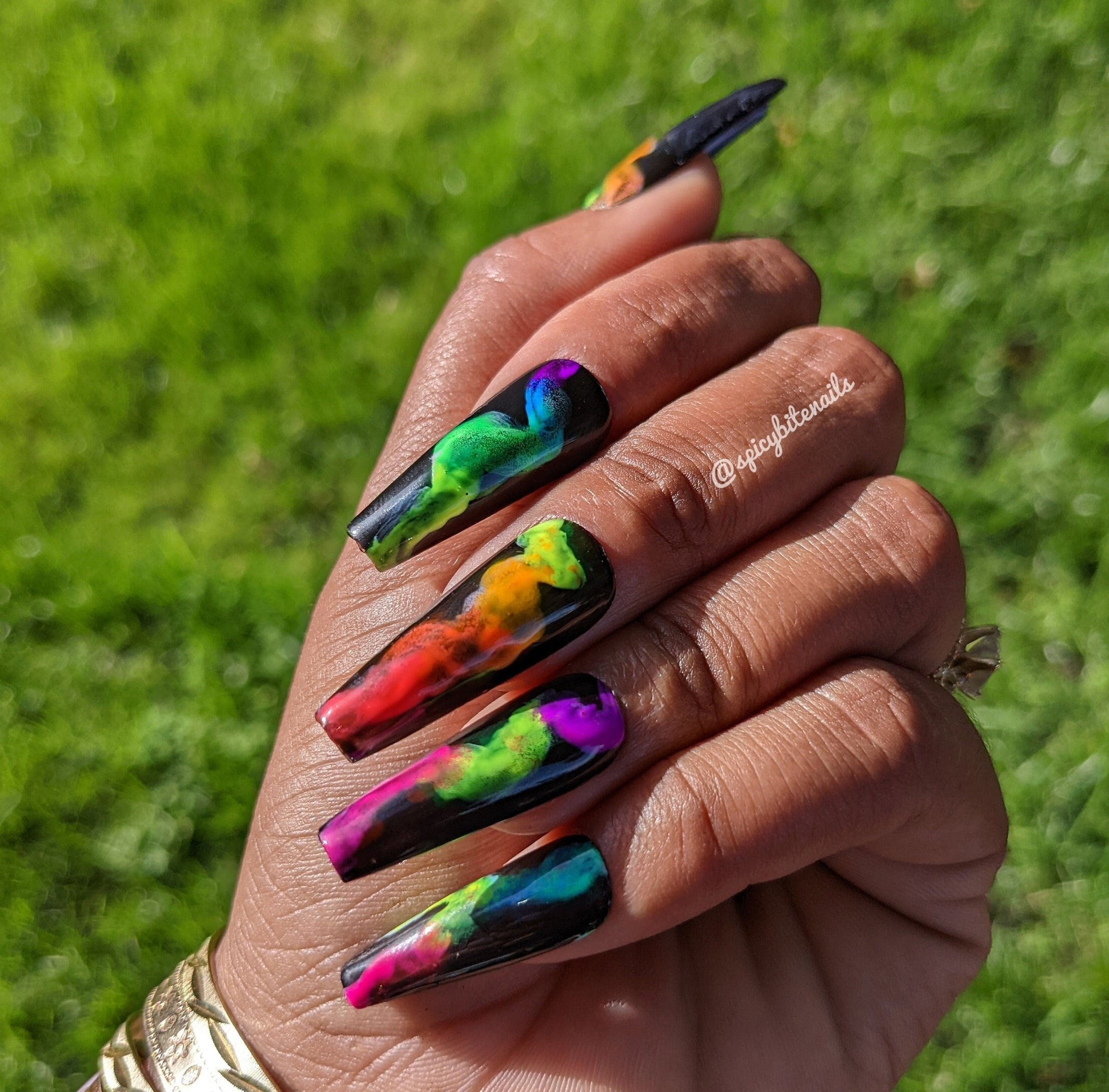 Smoker’s Delight - Neon and Black Smoke False Press-on Nail Extensions ...