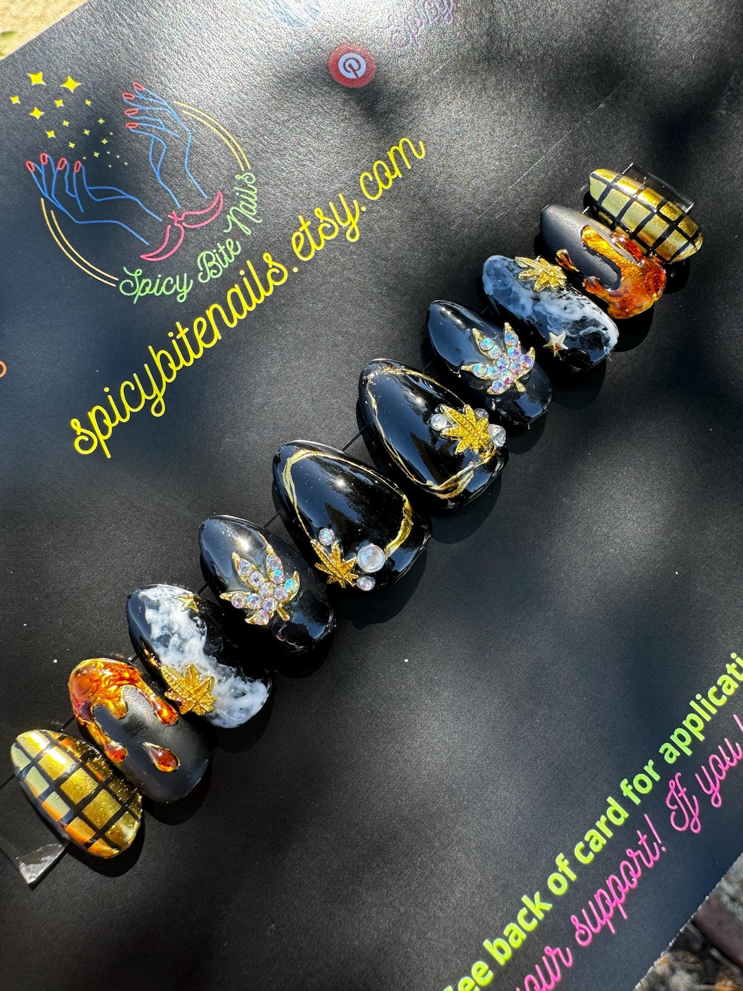 Smoke Show - Black and Gold Chrome Marijuana 420 Resin False Press-on ...