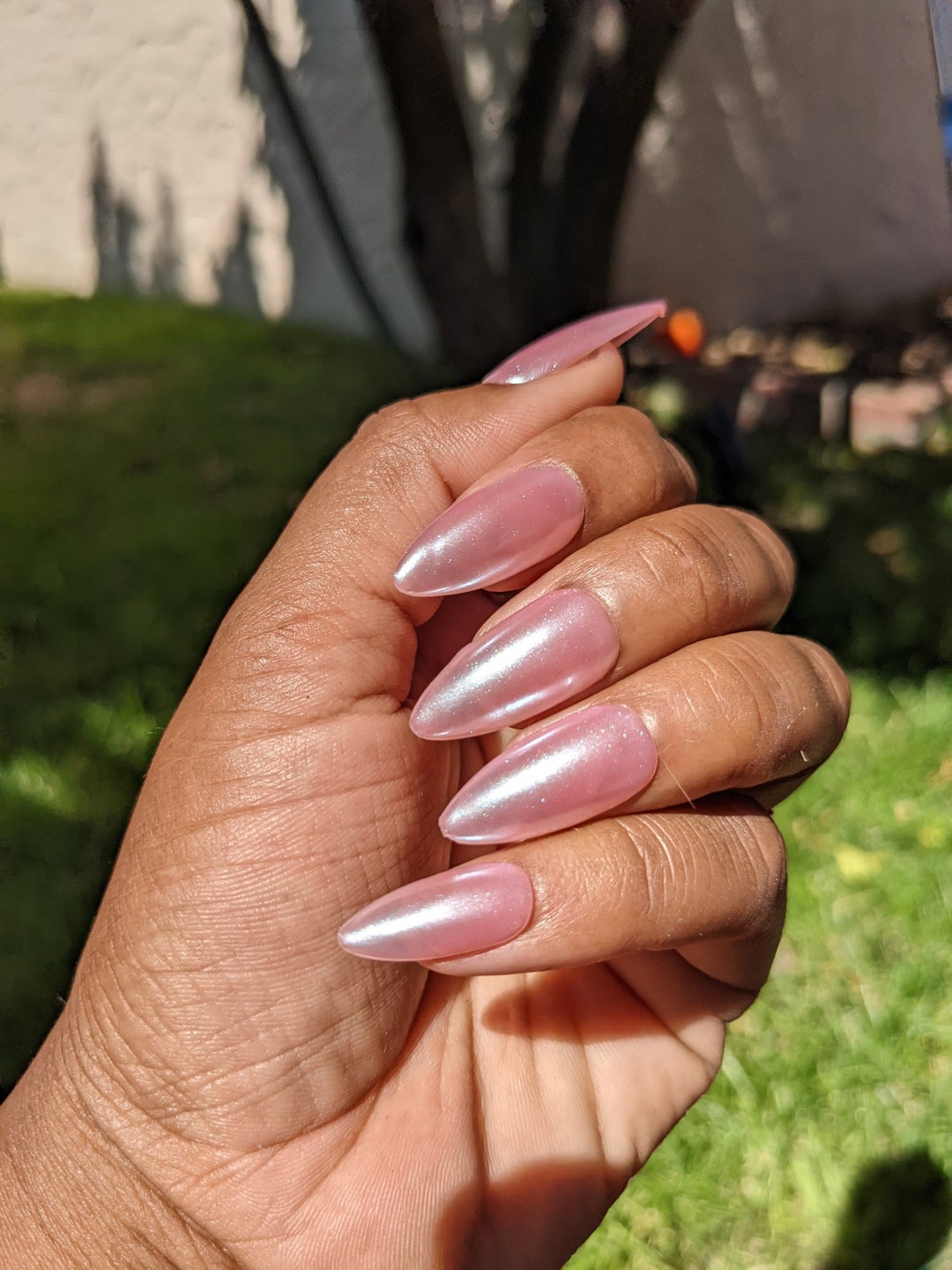 Strawberry Glazed Donut Nails - Pink Pearl Chrome False Press-on Nail ...