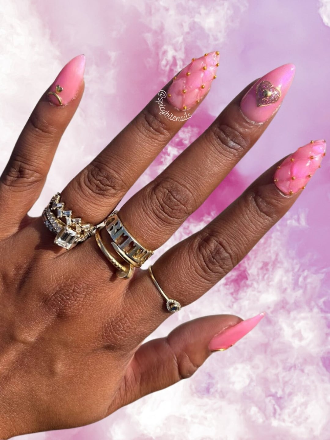 Pink Coco - Quilted Iridescent Pink Heart Coquette False Press-on Nail ...