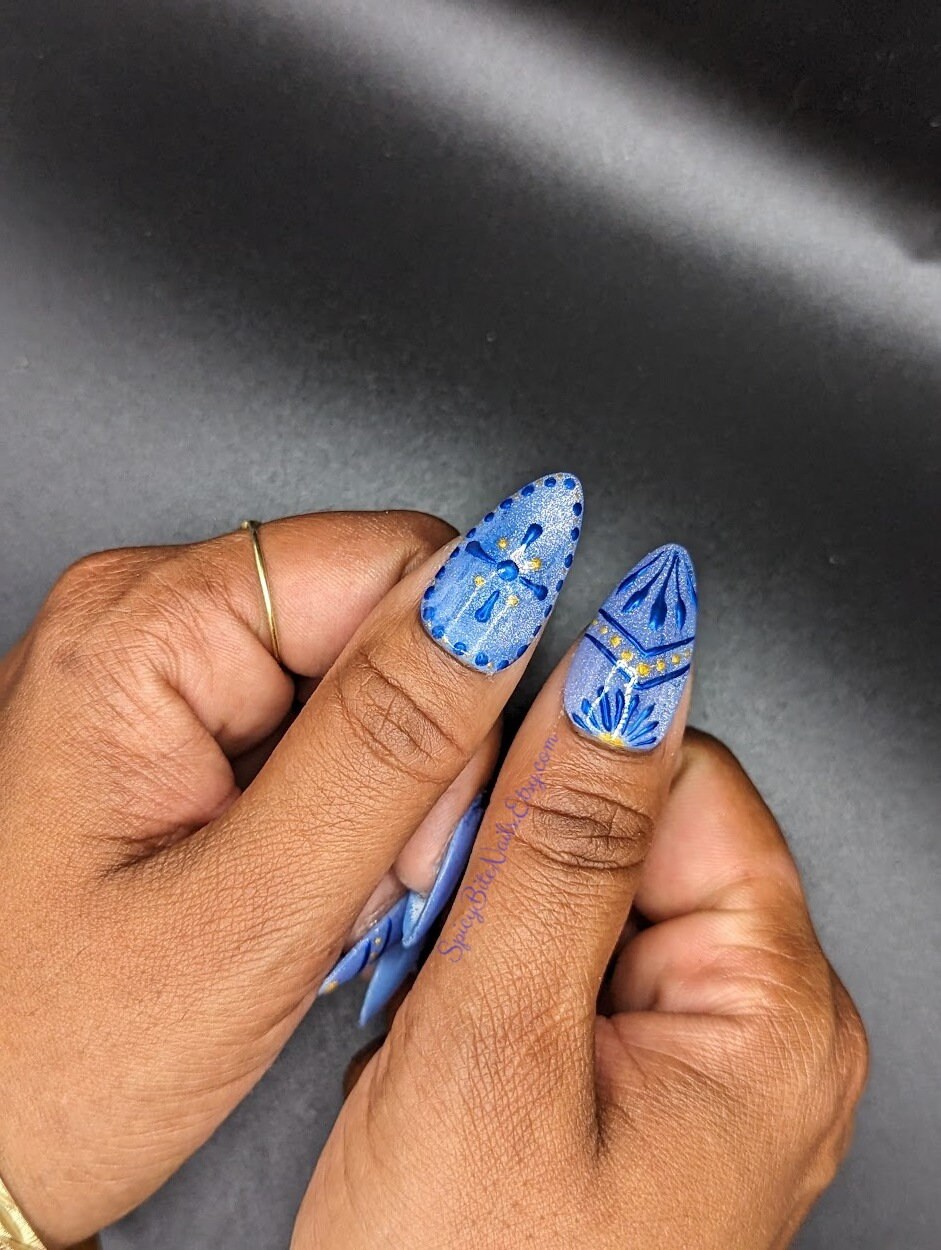 Talavera - Blue Cat Eye and Blue Chrome Mexican Tile Inspired Press-on ...