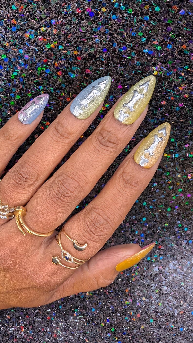 Graveyard Glam - Bone Glow in the Dark Cat-eye Rainbow Ombre False ...