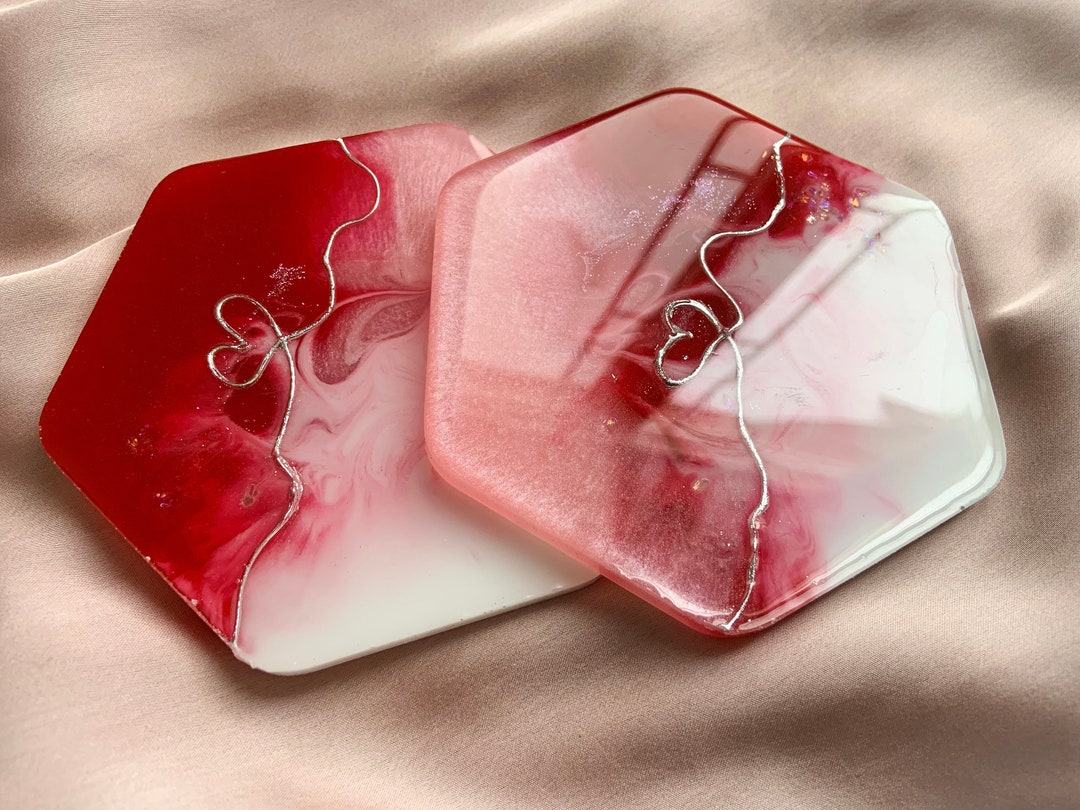 Hexagon Heart Coasters|pink Red Resin Coaster|valentine Decor|heart ...