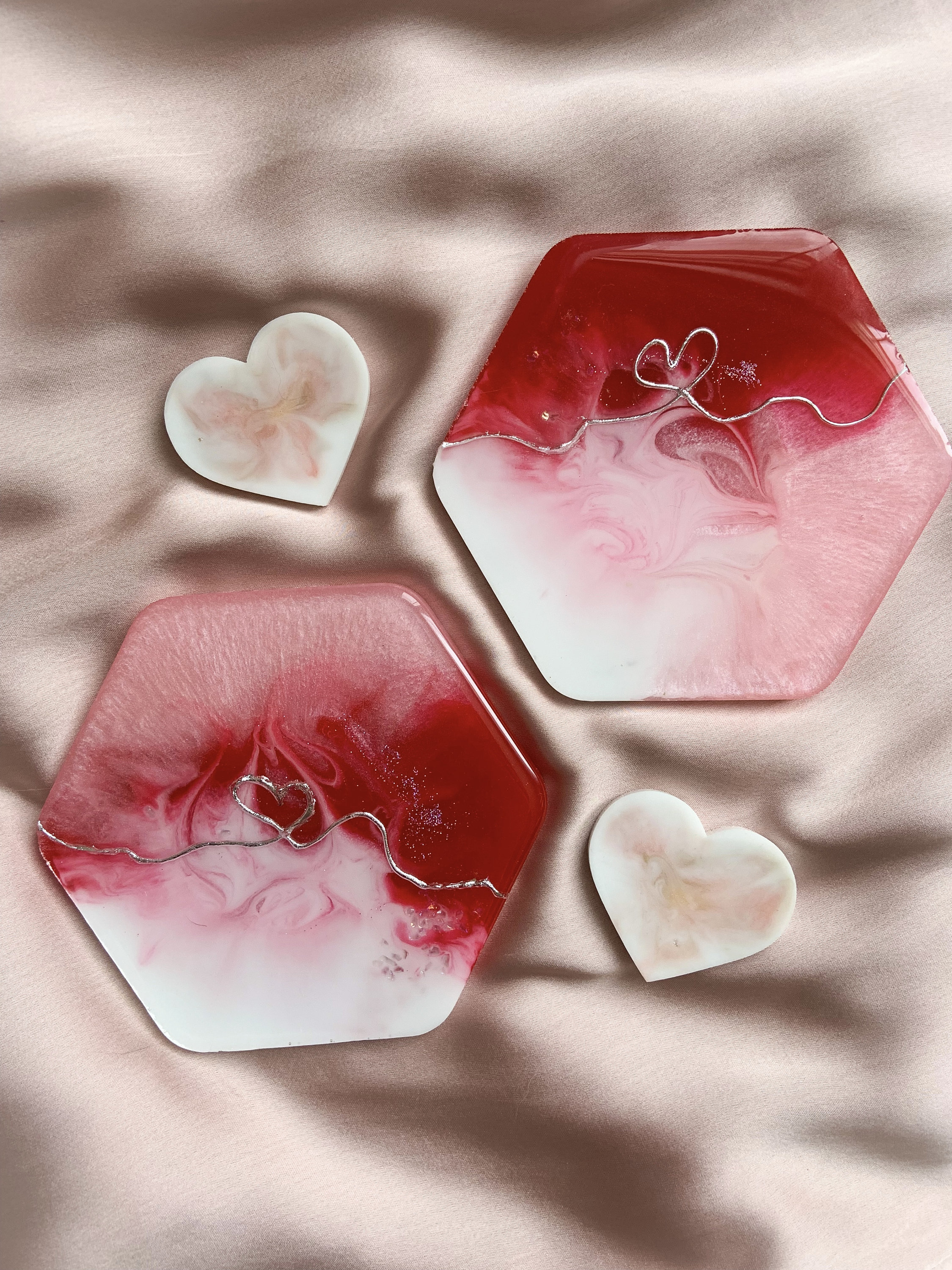 Hexagon Heart Coasters|pink Red Resin Coaster|valentine Decor|heart ...