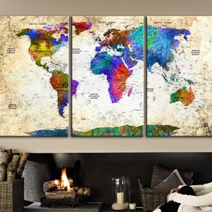 Push Pin World Map Wall Art Beige Background Colorful Multi Panel Map ...