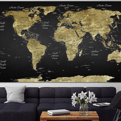Push Pin World Map Multi Panel Canvas Wall Art Black Print - Etsy
