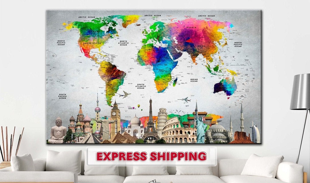 Large World Map Print on Canvas Colorful Travel Map Creative Poster ...