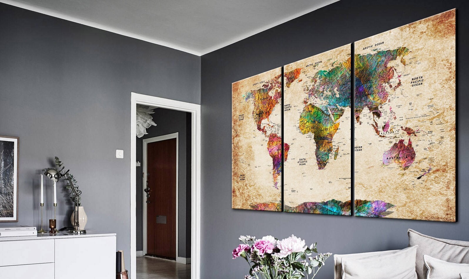 Large Vintage World Map Canvas – Colorful Abstract Geography Wall Art ...