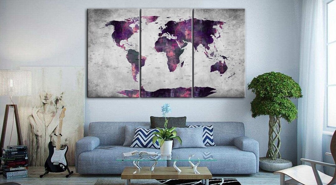 Large Purple World Map Canvas Antique World Map Gray Print Art Canvas ...