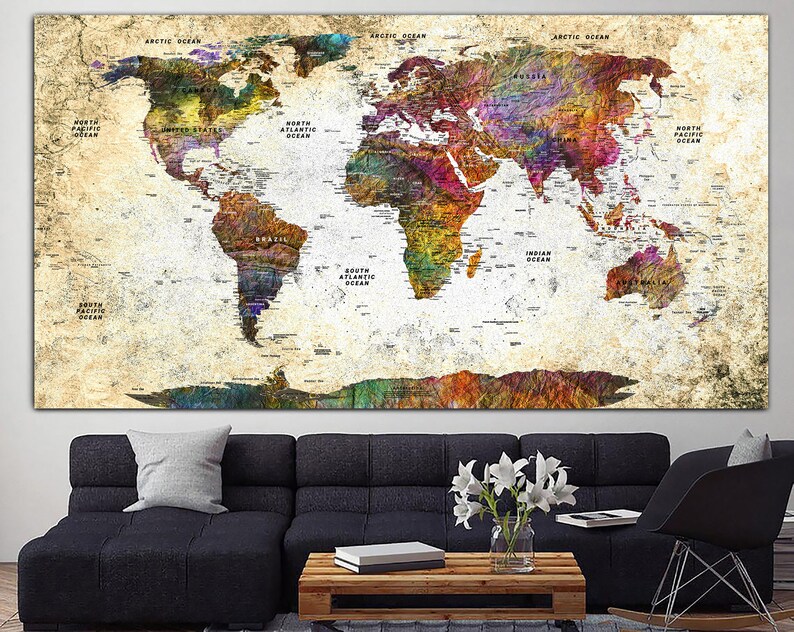 World Map Canvas Wall Art Antique Stylize World Map Colorful - Etsy
