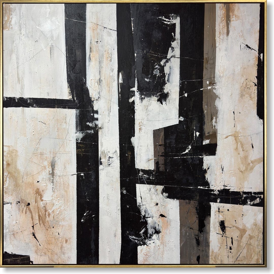 Large Abstract Black and White Geometric Canvas Painting: Textured ...