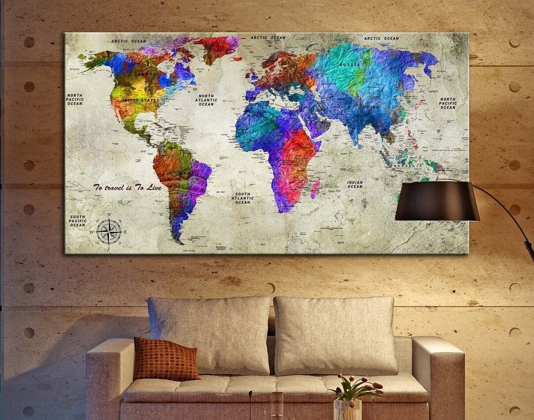 Large World Map Print on Canvas Colorful Map of the World Poster Multi ...