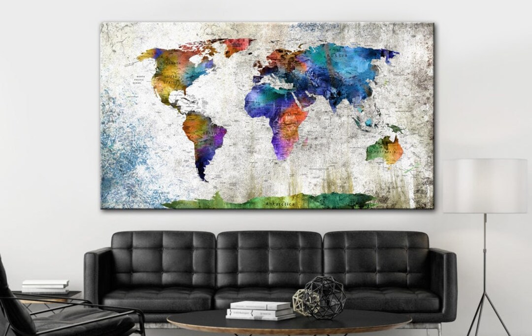 Large World Map Print Canvas Colorful World Map Poster Wanderlust Map ...