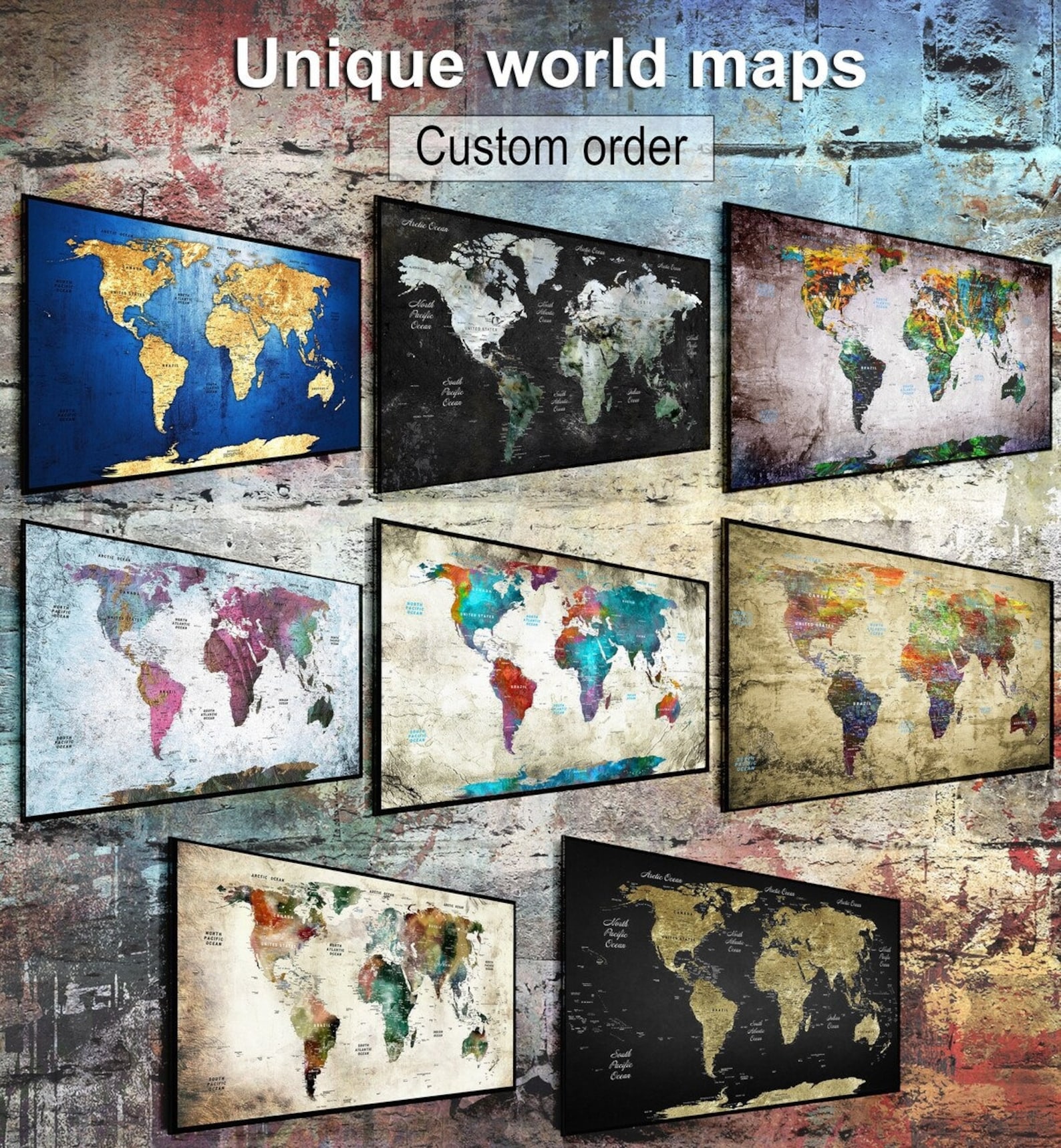 Travel the World Map Black Print Gold Art Bronze Print Photo | Etsy