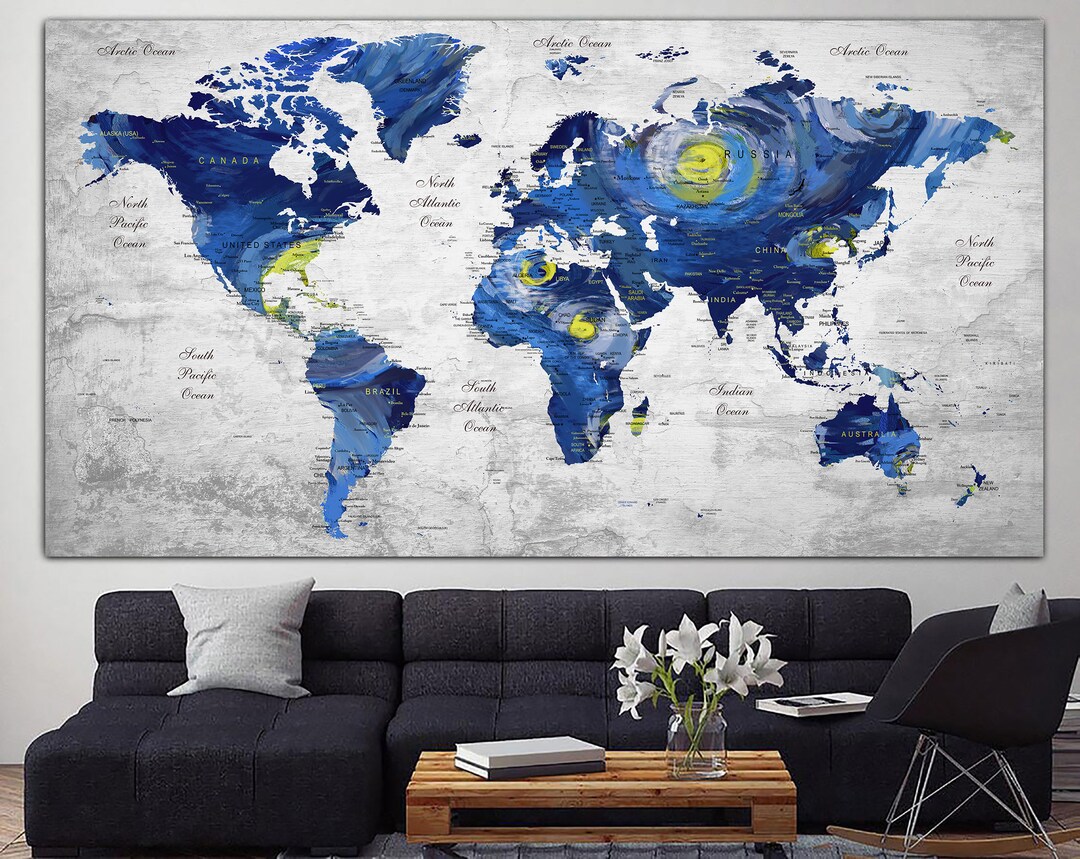Colorful World Map Van Gogh Style Original Wall Hanging Print the ...