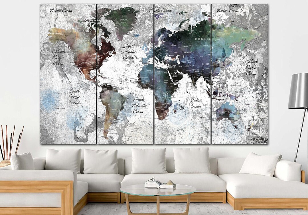 Multi Panel Map Print Stylize Colorful World Map Watercolor Wall Art ...