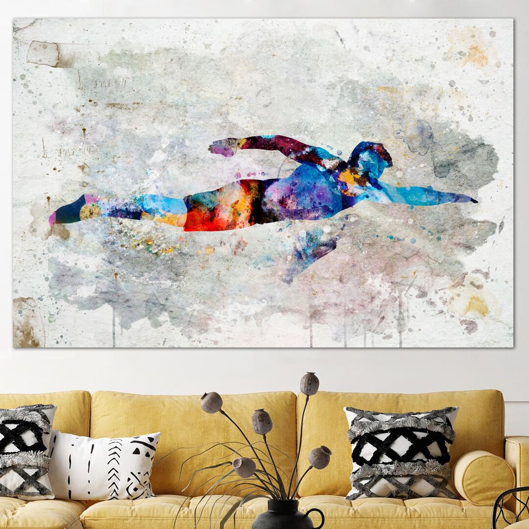 Abstract Swimmer Print on Canvas Sportsman Poster Swimming Print Multi ...