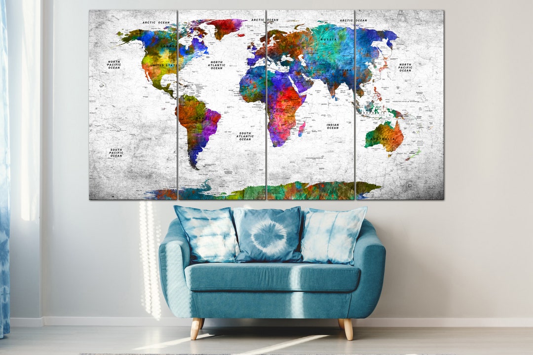 Stylize Colorful World Map Canvas Wall Art Colorful Travel Map of the ...