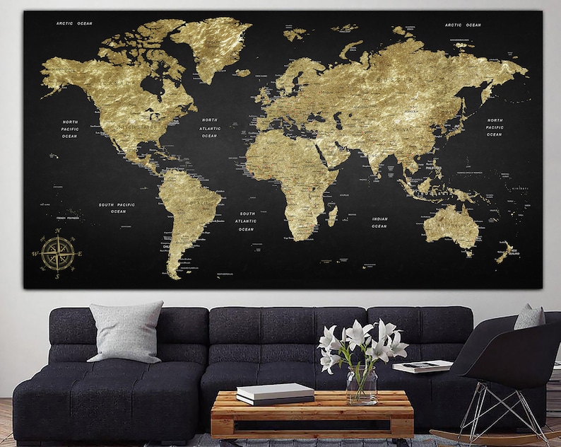 World Map Wall Art Push Pin Golden Travel Map Wall Decor - Etsy