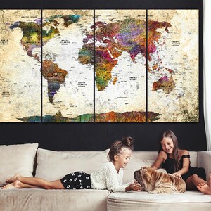 World Map Canvas Wall Art Antique Stylize World Map Colorful Map Wall ...