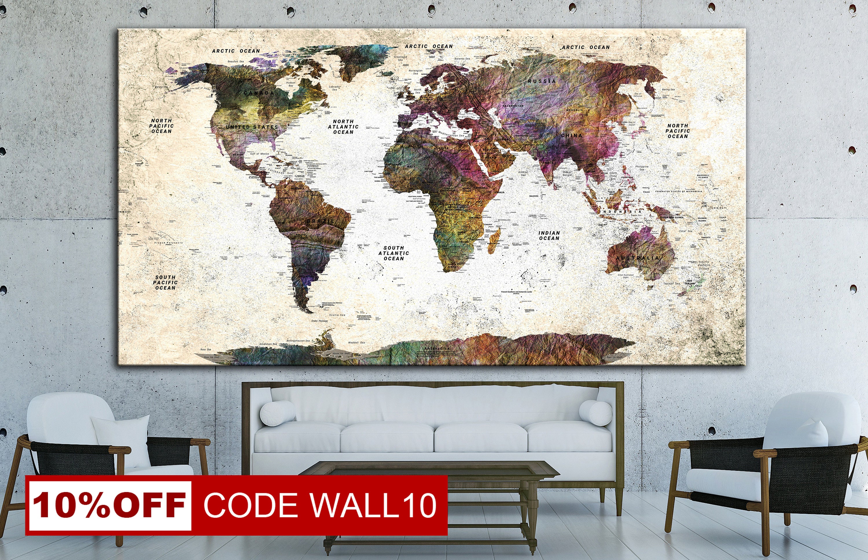 Large World Map Canvas Print Wall Art World Map Wall Decor | Etsy