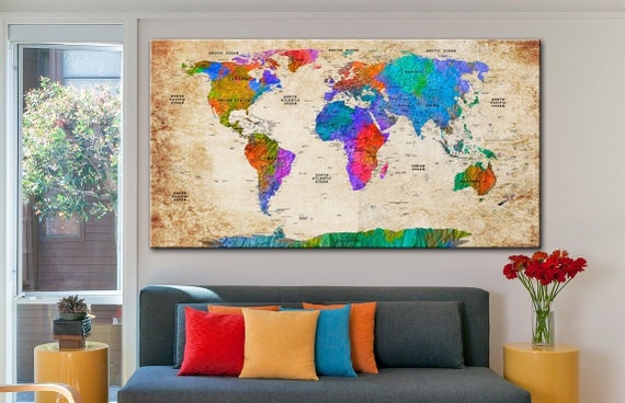 World Map Art Modern Travel Map of the World Print Beige - Etsy