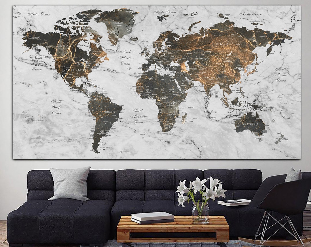 World Map Art Print, Marble Texture Gold Lights Wall Art, Large Travel ...