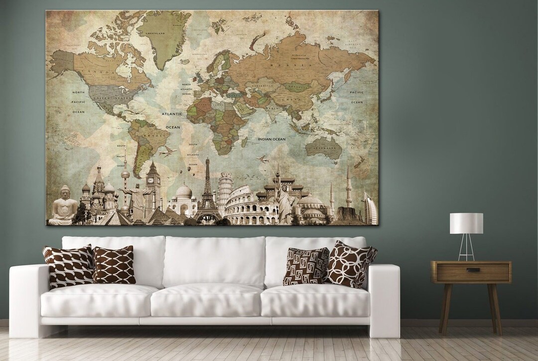Old World Map Canvas Wall Art World Map Multi Panel Print Brown Minimal ...