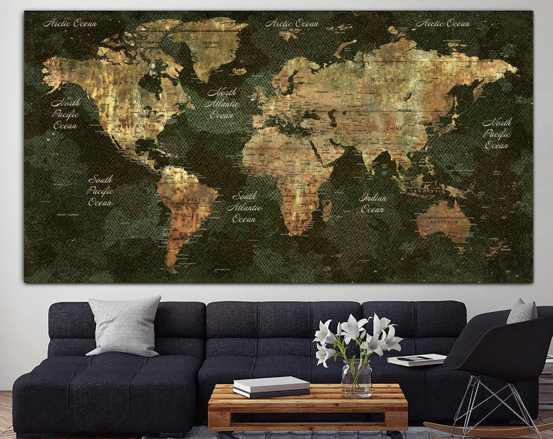 Extra Large World Map Canvas Art: Multi Panel Green World Atlas Print ...