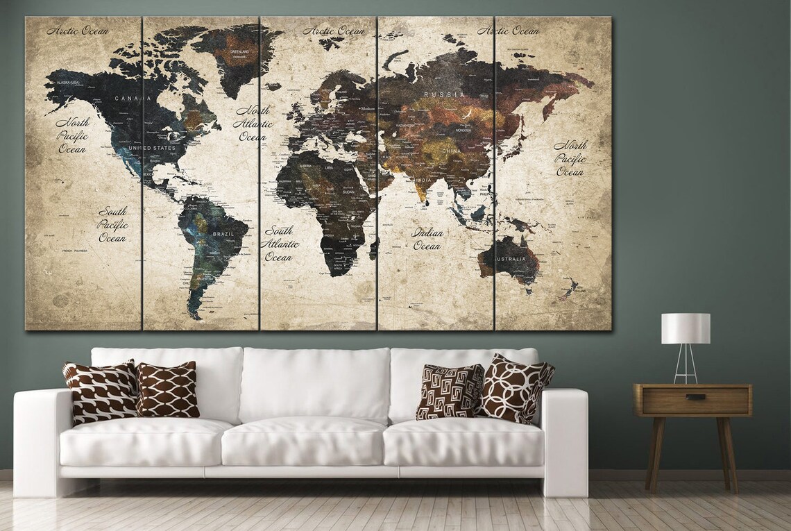 Old World Push Pin Maps Vintage Wall Art Brown Print Photo | Etsy