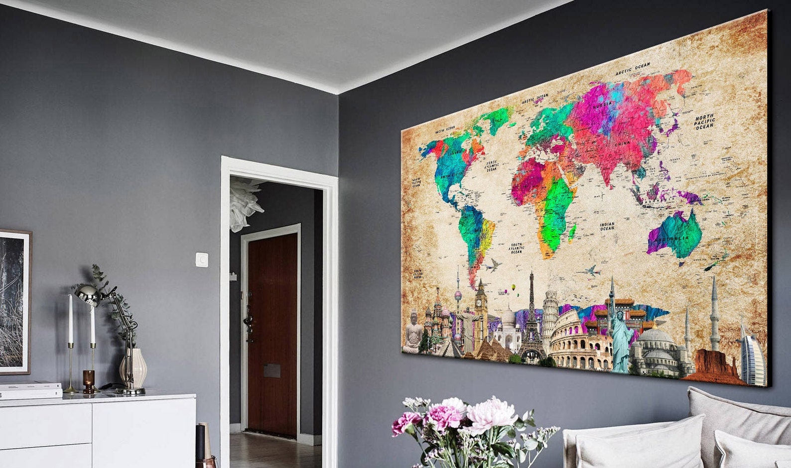 Large World Map Canvas Colorful Map of the World Print - Etsy